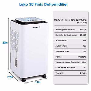 LUKO 2000 Sq. Ft Dehumidifiers for Large Room and Basements, 30 Pints Dehumidifier with Drain Hose, Auto or Manual Drainage, 0.528 Gallon Water Tank, Auto Defrost, Dry Clothes Function, 24H Timer (white)