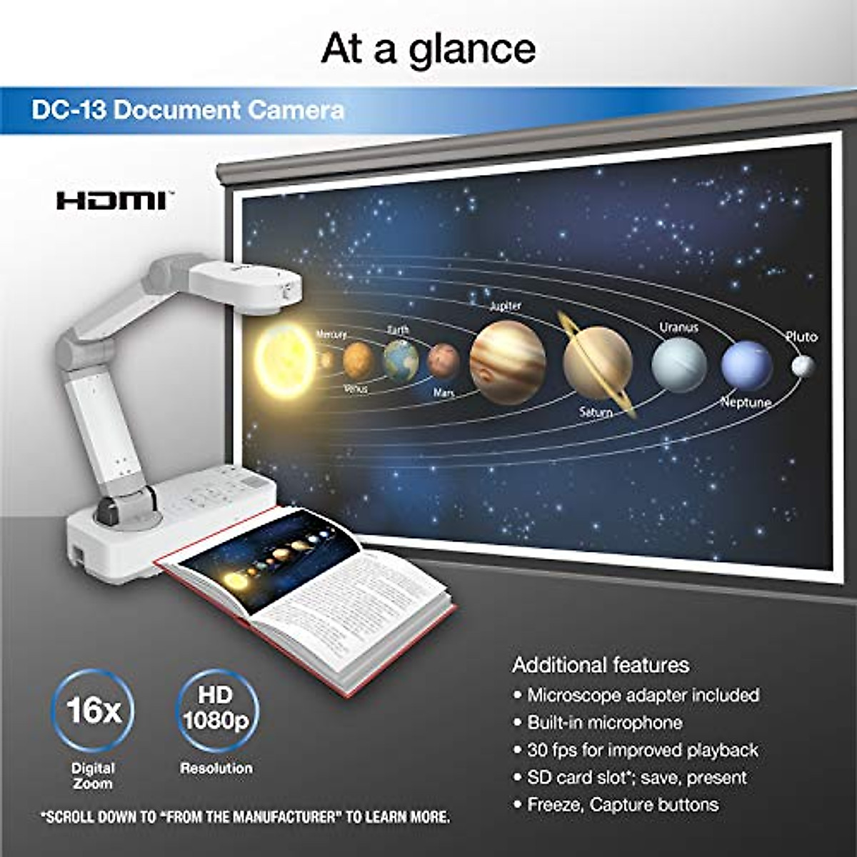 Epson DC-13 High-Definition Document Camera with HDMI, 16x Digital Zoom and 1080p Resolution,White