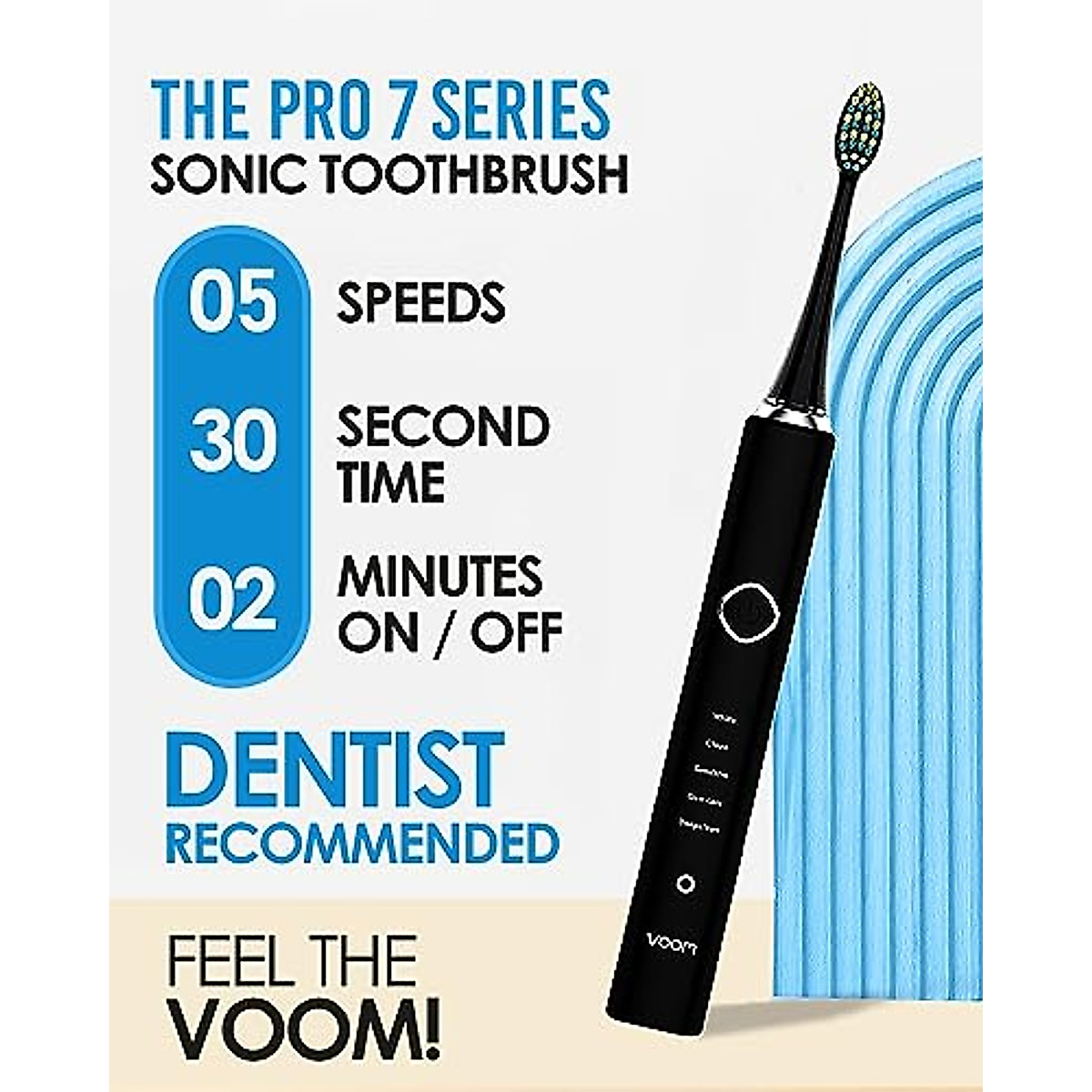 Voom Sonic Pro 7 Series Rechargeable Electronic Toothbrush, Advanced Oral Care Technology, 2-Minute Timer w/Quadrant Pacing, 5 Adjustable Speeds, Magnetic Levitation, 100% Waterproof, Black (VM-20946)