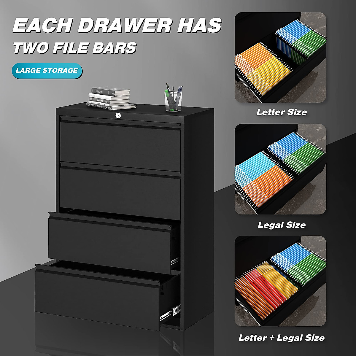 Aobabo Metal Lateral File Cabinet with Lock,Large Deep Drawer with Adjustable File Bars for Office,Home,35.43 Inches Wide for Letter/Legal A4 Size Drawer,Assembly Required (Black,4 Drawer)………