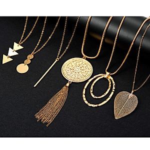 Fesciory 6 PCS Long Pendant Necklace for Women, Gold Bar Circle Leaf Triangle Tassel Y Necklace Set(Set 2)