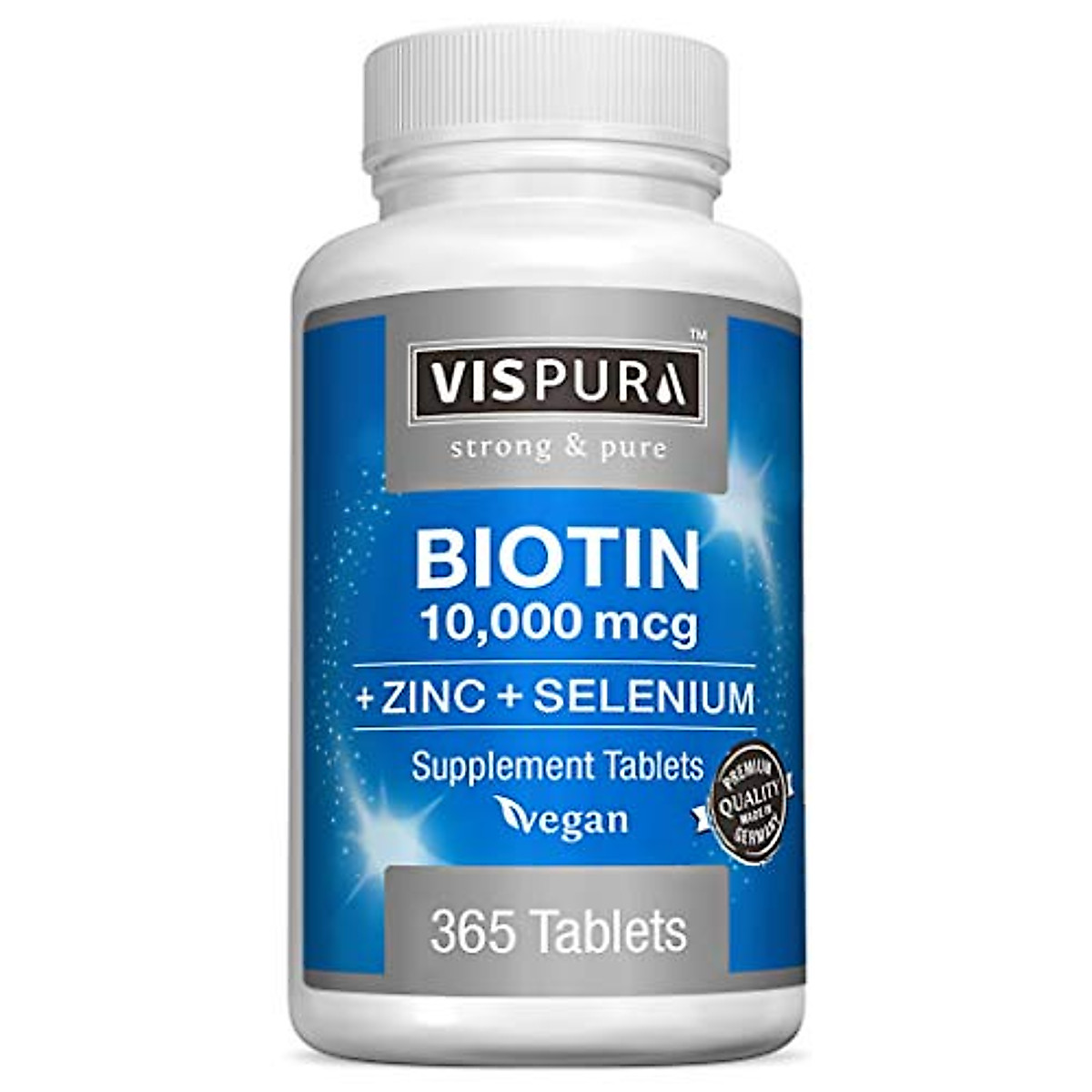 Biotin 10000 mcg + Zinc + Selenium, Pure, Vegan & Extra Strong, Best Supplement for Hair Growth, Glowing Skin, Strong Nails*, 365 Tablets for 12 Months, Natural Without Additives