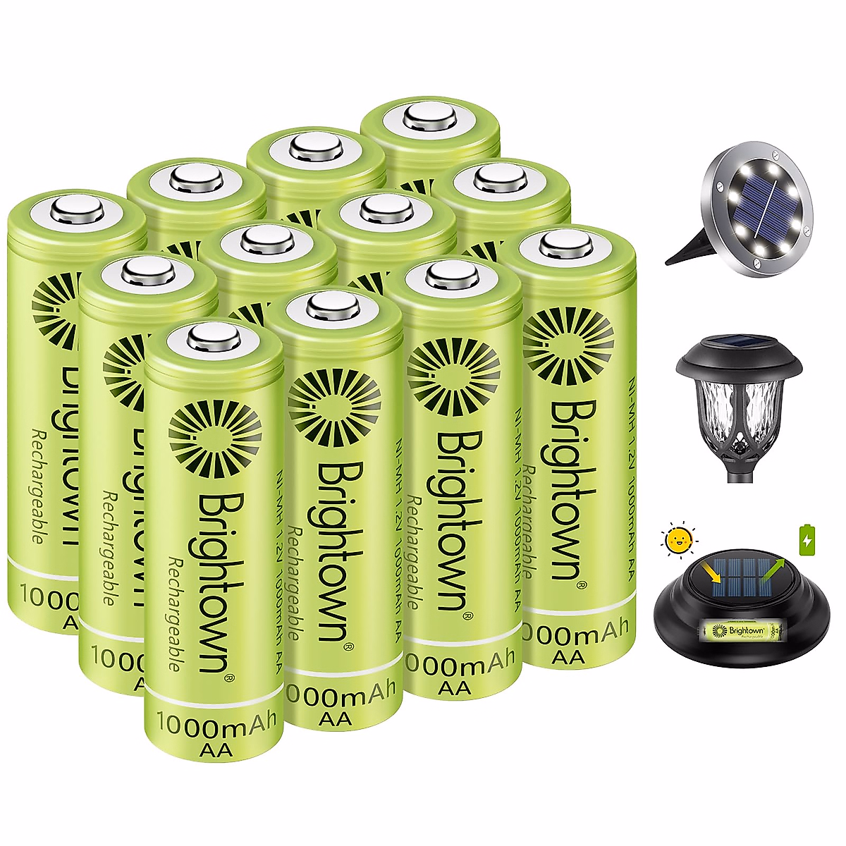 Brightown 12-Pack Rechargeable AA Batteries - 1000mAh 1.2V NiMH High Capacity Batteries - Ideal for Solar Lights & Home Devices, Recharge up to 1000x Times, Pre-Charged