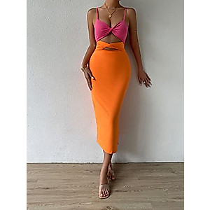 WDIRARA Women's Twist Front Split Thigh Bodycon Dress Cut Out Sleeveless Long Dresses Pink Orange XS