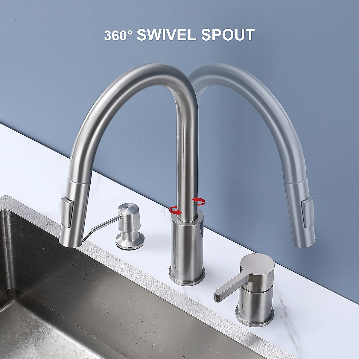 KIRLYSTONE 3-Hole Kitchen Faucet with Pull Down Sprayer, Brushed Nickel Kitchen Sink Faucet with Separate Handle and Soap Dispenser