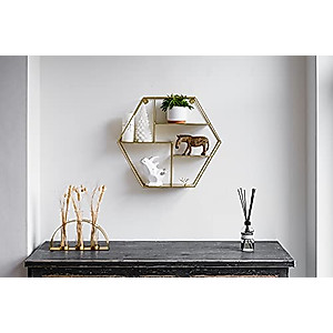 Gold Hexagon Wall Shelves, Extra Large Decorative Floating Shelf for Bathroom, Kitchen & Bedroom Wall Decor Shelfie, Glam Brass Geometric Wall Art, Metal Sconce Shelf, Boho Honeycomb Accent Display