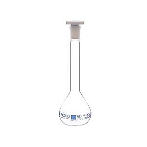 EISCO Volumetric Flask, 50ml - Class B - 12/21 Polyethylene Stopper, Borosilicate Glass - Blue Graduation, Tolerance ±0.120