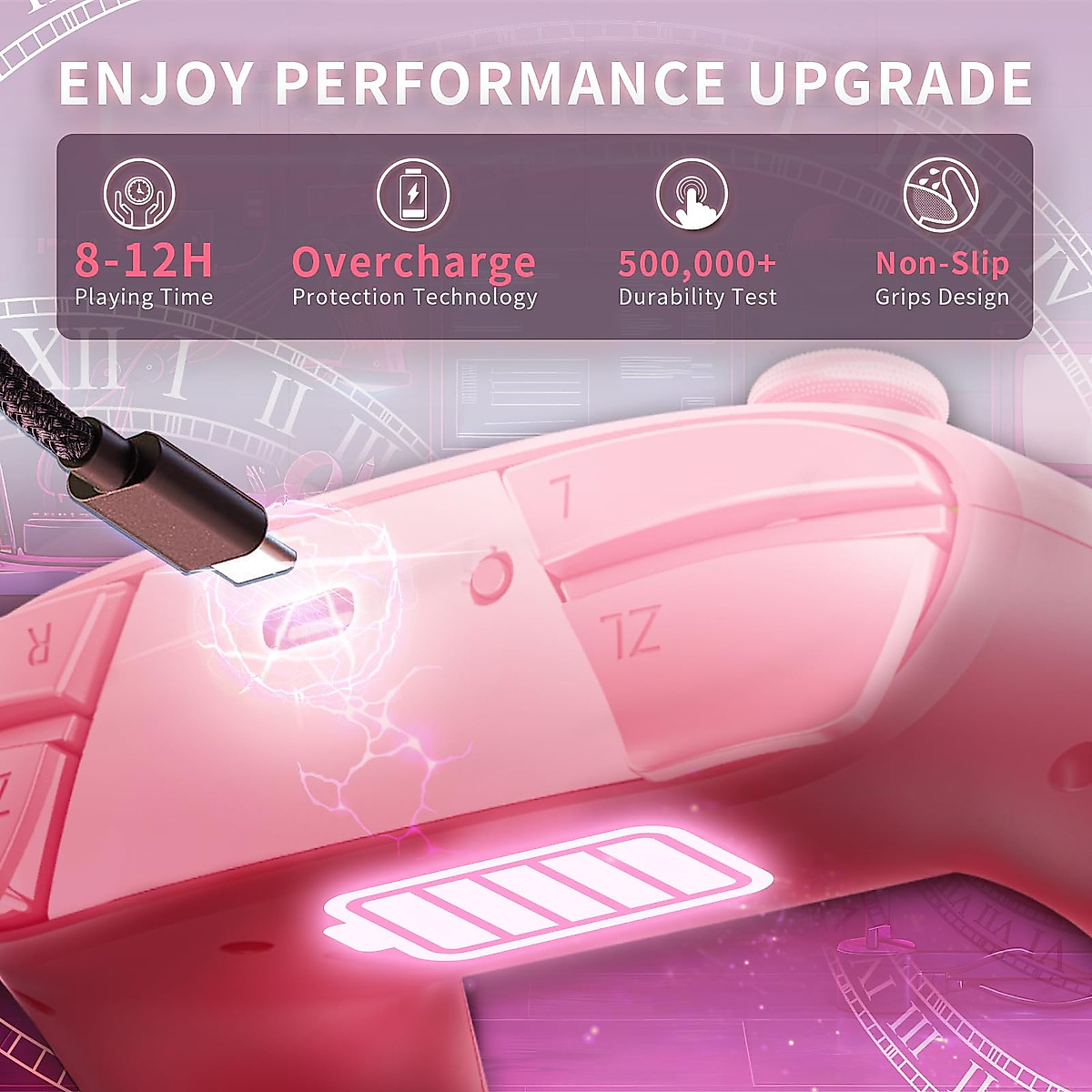 GAME'NIR CHERRY BLOSSOM PINK Wireless Switch Controller, Ergonomic Switch Pro Controller for Switch/Switch Lite/Switch OLED with Dual Motor, Gyro Axis, Turbo Function, 5 Level Vibration