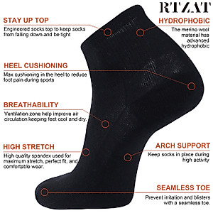 RTZAT 90% Merino Wool Ankle Men's Women's Athletic Business Casual Running Moisture Wicking Everyday Thin Wool Socks, Large, Black, 3 Pairs