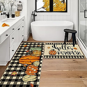 Cusugbaso Fall Kitchen Mats, Sunflower Kitchen Rugs Set of 2 - Farmhouse Plaid Pumpkins Fall Kitchen Decor for Floor - Fall Decorations for Home 17"x27+17"x47"