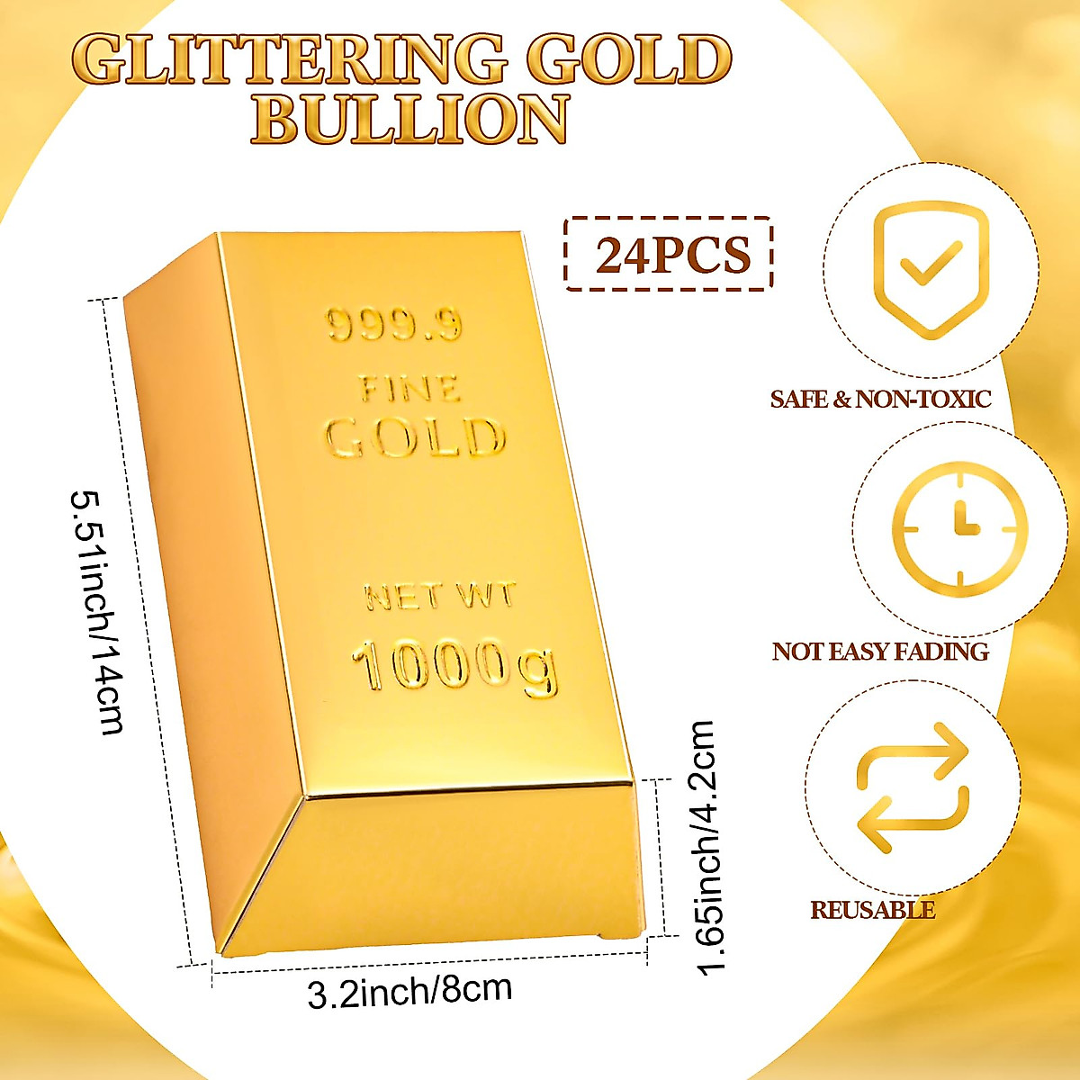 Honoson 24 Pcs Gold Bar Fake Gift Box Foil Gold Bar Party Favor Boxes Paper Golden Favor Boxes Treasure Brick for Pirate Casino Theme Party Decorations Candy Treats Chocolate Toys, 5.5 x 3.2 Inches