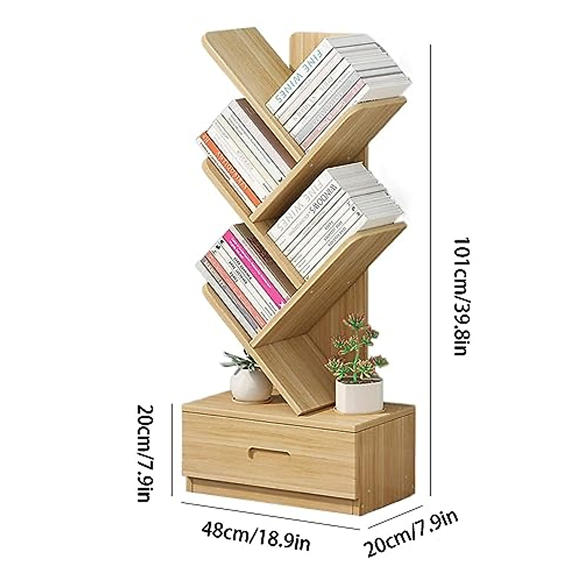 VERAMY 5 Tier Tree Bookshelf with Drawer Floor Standing Bookcase Storage Rack Organizer Shelves Large Capacity Bookshelf Corner Bookshelf for Living Room Bedroom Home Office