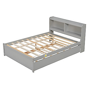 Full Size Bed Frame with Trundle,Captain’s Bed Full with Bookcase Headboard for Kids,Trundle Bed with Storage for Kids,Teens,Adults(Grey)