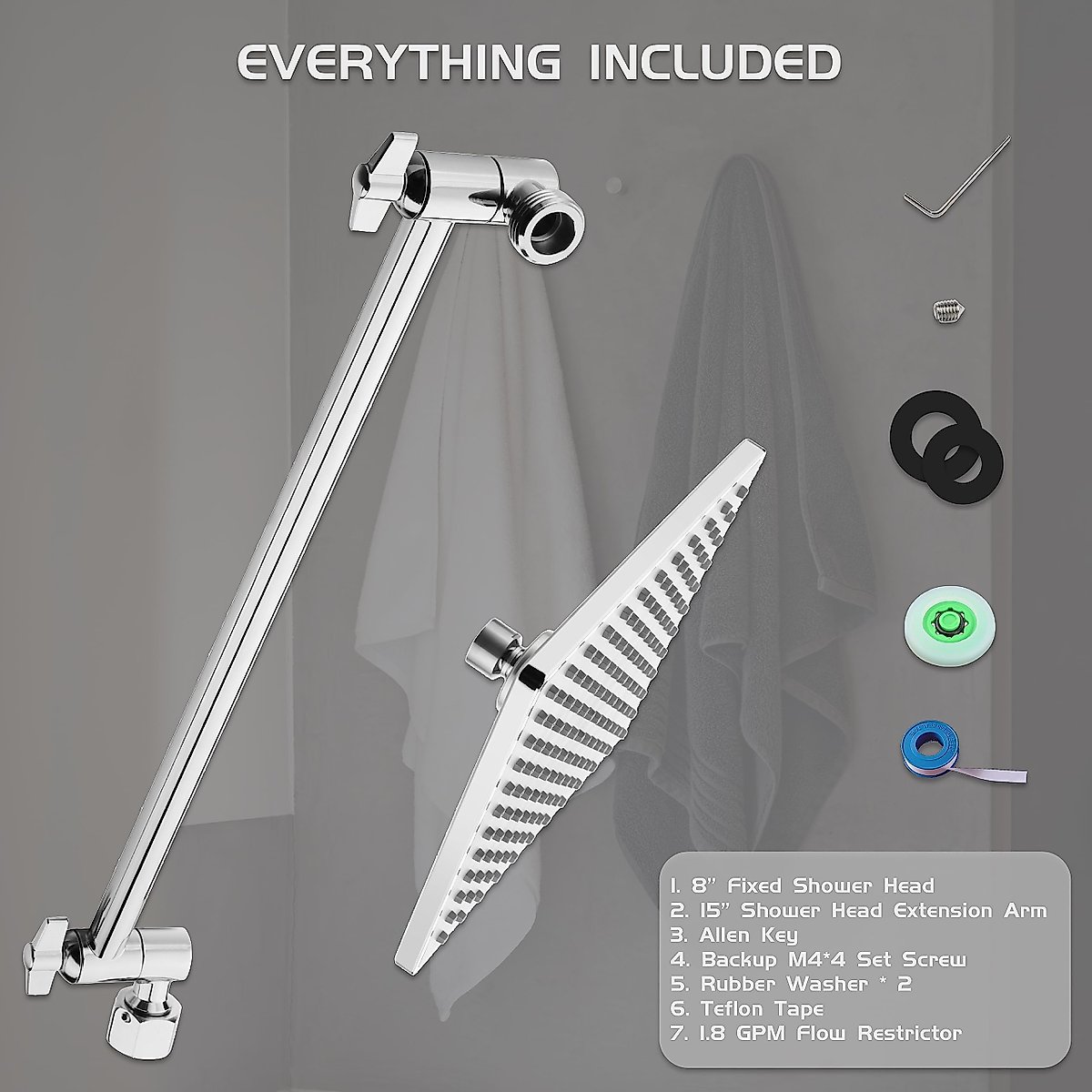 8'' Rain Shower Head with 15'' Extension Arm- 𝟮 𝗳𝗼𝗿 𝟭 𝗖𝗼𝗺𝗯𝗼 Large Surface Fixed Square Shower Head- Extra Long Adjustable Shower Head Extension Arm- Singing Rain Ultimate Shower Experience