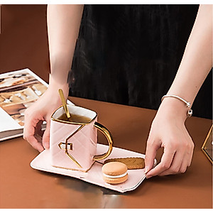 Anvirtue Handbag-Shaped Creative Ceramic Mug With Saucer Porcelain Tray & Spoon for Coffee, Hot Chocolate, Cappuccino, and Latte Breakfast (PINK)