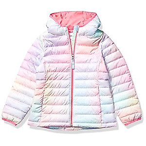 Amazon Essentials Girls' Lightweight Water-Resistant Packable Hooded Puffer Jacket, Pink Ombre, Small