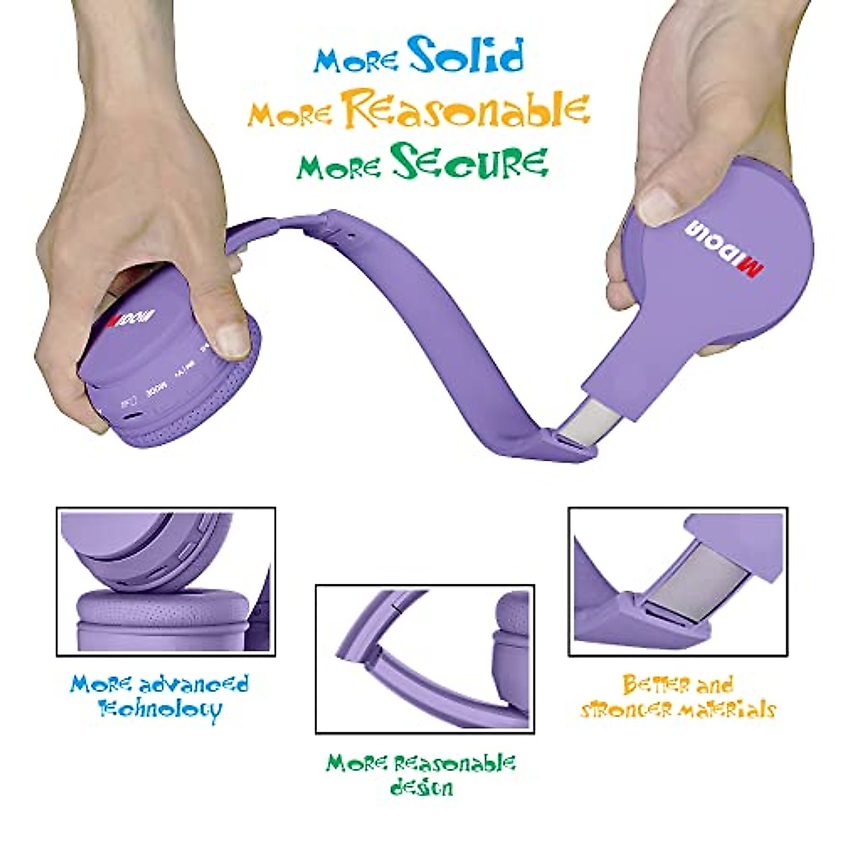 MIDOLA Headphones Bluetooth Wireless Kids Volume Limit 85dB /110dB Over Ear Foldable Noise Protection Headset AUX 3.5mm Cord Mic for Children Boy Girl Travel School Phone Pad Tablet PC Light Purple