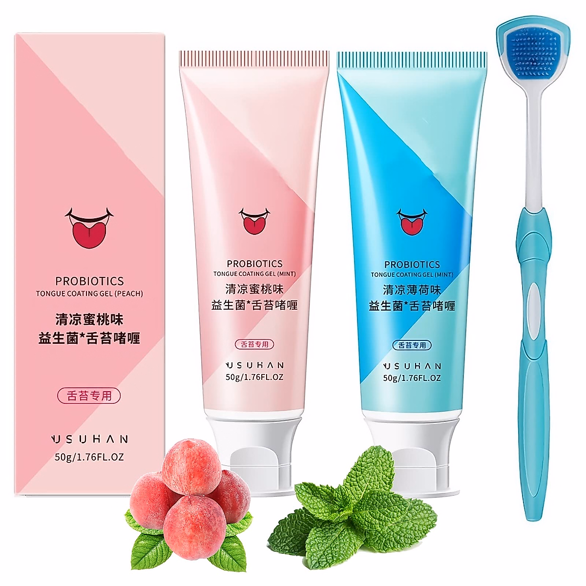 lunhaifi 2023 New Probiotic Tongue Cleaning Gel Set, Tongue Scraper Precise Cleaning Brush Kit, Easy to Use Tongue Scrubber for Men Women with 1Tongue Brush (Mint+Peaches)