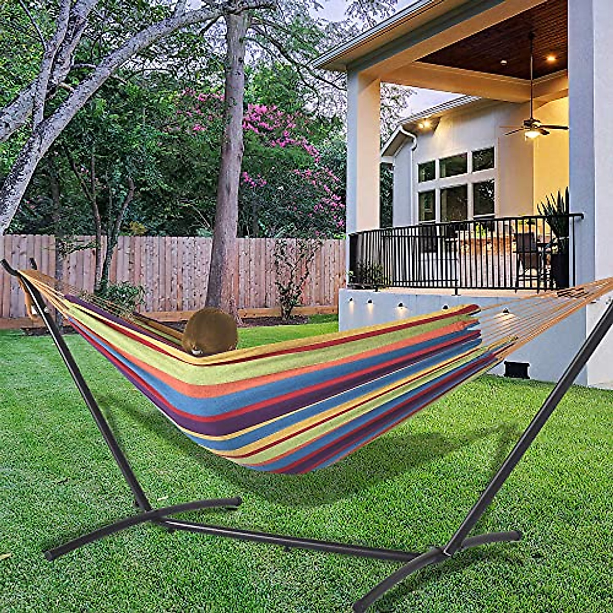Prime Garden Cotton Rope Hammock with Space Saving Steel Hammock Stand, 2 Person Double Freestanding Hammock with Carry Bag for Outdoor Patio Yard Backyard 450 lb Capacity (Elegant Rainbow Stripe)