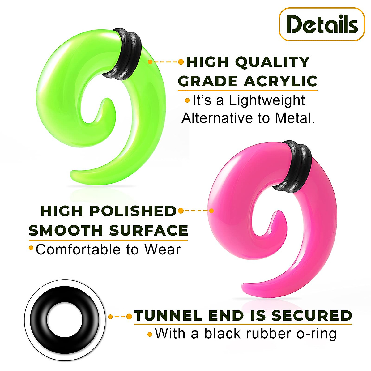 BIG GAUGES 2 Pairs Green Pink Acrylic 8g Gauge 3mm Spiral Taper Expander Piercing Jewelry Ear Stretching Earring O-rings Plug BG12292
