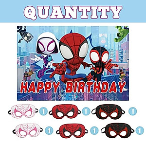 Spidey and His Amazing Friends Party Birthday Background, Spider Party Supplies,5x3Ft Spidey Photo Backdrop and 6 Pcs Spidey Party Cosplay Masks for Any Spidey Birthday Decor