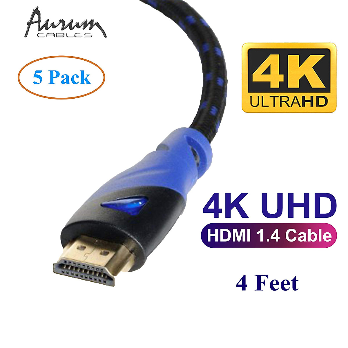 AURUM CABLES Ultra 4K HDMI Cable 4 ft Braided High-Speed HDMI Cord Supports TV, Gaming, Ethernet, HDR, ARC, UHD, 3D, HDTV, 10.2 Gbps, Compatible with PC, Laptop, PS4, Xbox, Roku, Blue-ray, 5 Pack