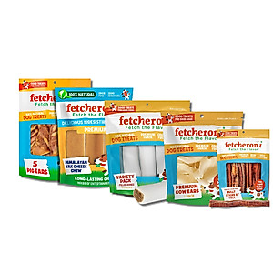 FETCHERONI Dog Treat Variety Box - Variety Box Consists of 5 Pig Ears, 3 Yak Cheese Chews, 3 Bully Sticks, 2 Cow Ears, and 1 Dog Bone - Long Last Dog Chew Treats - All Treats are 100% Natural