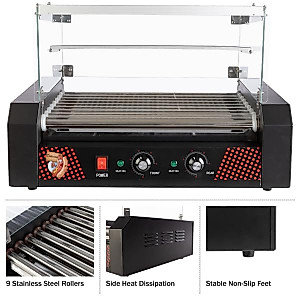 Hot Dog Roller - Stainless-Steel 9-Roller Hot Dog Machine with Bun Warmer and Cover - Hotdog Roller Grill for 24 Hot Dogs by Great Northern Popcorn