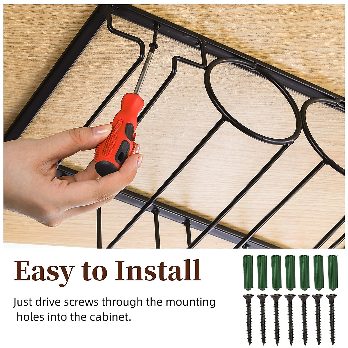 Pumtus Wine Rack Glass Holder, Under Cabinet Wine Bottle Holder Stemware Rack, Metal Wine Bottle Display Holder Glasses Storage Hanger, Kitchen Organization for Bar, Kitchen, Black