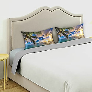 Tropical Beach Sea Sunrise Palm Tree Satin Pillowcase Silk Pillow Case for Hair and Skin Pillow Covers with Envelope Closure,Standard Size 20x26 Inch