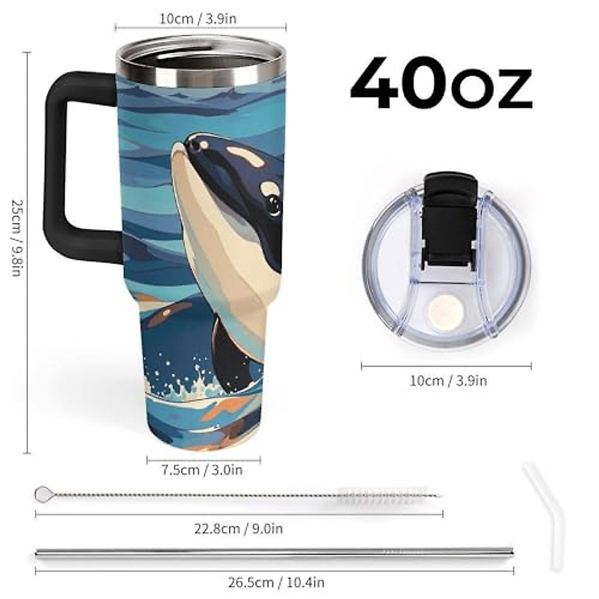 STVNKML 40 Oz Tumbler with Handle Orca Killer Whale Print Stainless Steel Coffee Mug Reusable Travel Mug Leak-proof Insulated Car Cup Large Capacity Tumbler for Travel, Outdoor, Home Use (Black)