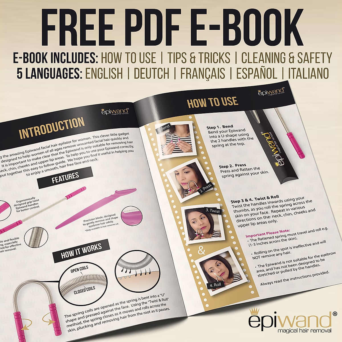 Epiwand Facial Hair Remover Spring Threading Tool - Our Women’s Facial Epilator Coil Removes Peach Fuzz, Chin, Cheek, Neck, Mustache and Upper Lip Hair Quickly - How To Use Instructions in Box