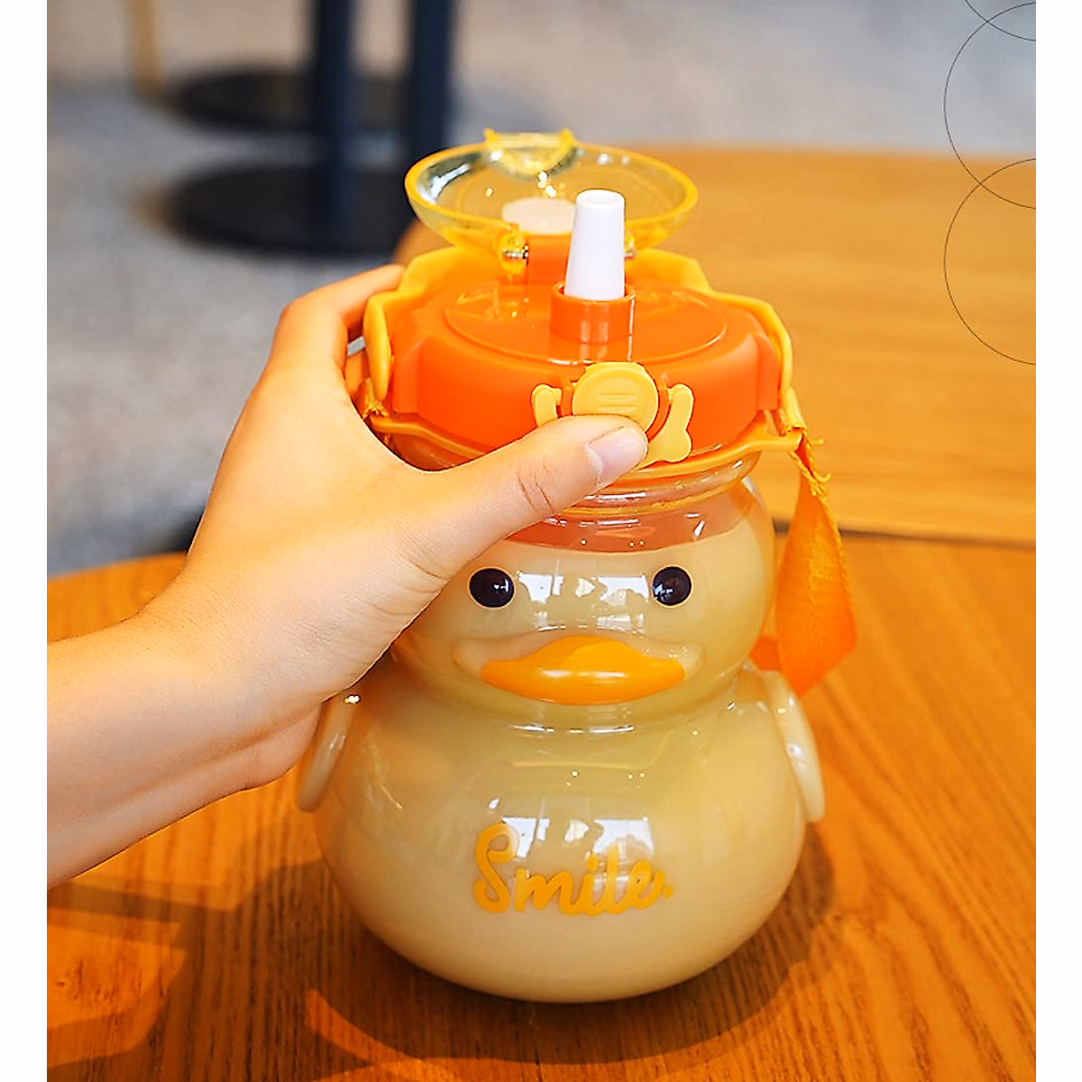 Large Cute Duck Water Bottle with Straw and Strap 34oz Kawaii Duck Water Bottle with 3D Stickers for Kids Toddler Girls School Sports Travel Leakproof Portable Handle Hot and Cold Bottles (Yellow)