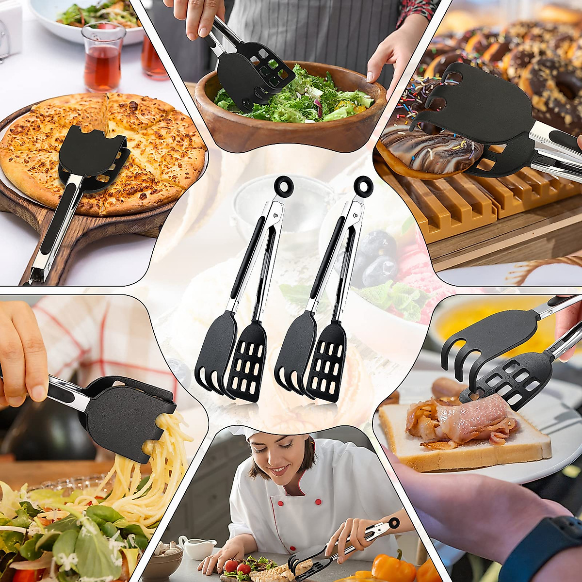 2 Pieces Mini Waffle Tongs Non Scratch Tongs 8 Inches Serving Spatula Tongs with Non Slip Smooth Stainless Steel Handles Heat Resistant Nylon Heads Non scratch and Dishwasher Safe for Cooking