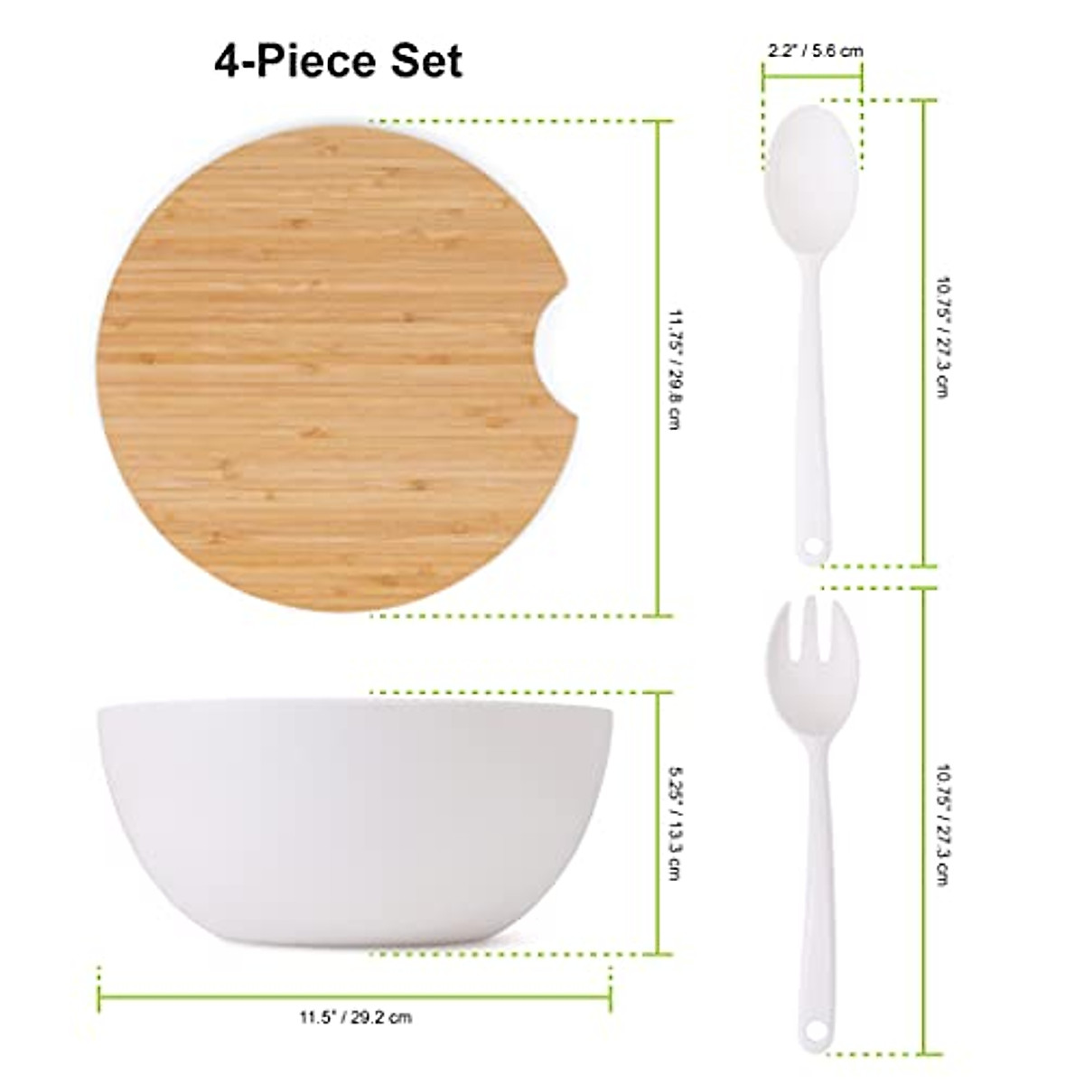 Clean Dezign 11.5" Large Salad and Serving Bowl with Bamboo Wood Lid and Servers Set - Bamboo Fiber Mixing Bowl and Utensils with Wooden Cutting Board Top (Large, Natural White)