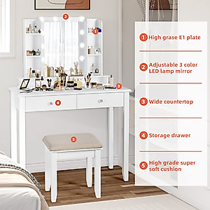AODAILIHB Vanity Desk with Mirror and Lights, 35" Makeup Vanity Dressing Table with Vanity Stool/2 Drawers/Open Shelves/3 Color Lighting Modes & Brightness Bedroom Furniture (White)