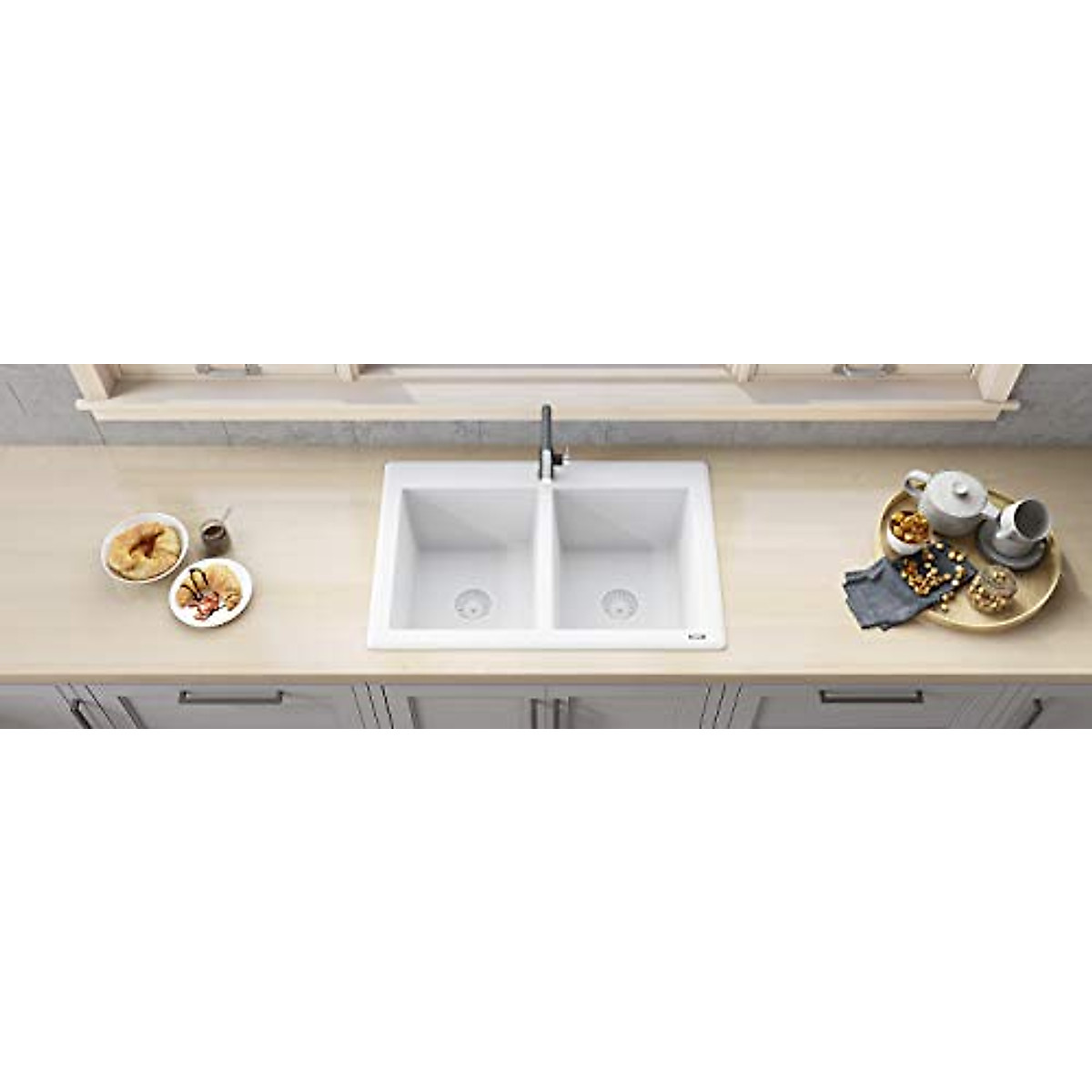 Ruvati 33 x 22 inch Drop-in Topmount Granite Composite Double Bowl Kitchen Sink - Arctic White - RVG1388WH