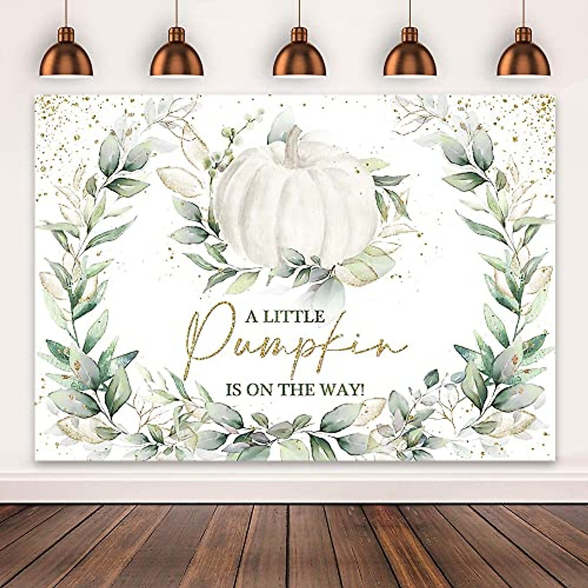 Mocsicka Greenery Gold Pumpkin Baby Shower Backdrop White Pumpkin Baby Shower Background Autumn Fall Baby Shower Party Decorations Banner Photo Studio Props (7x5ft)