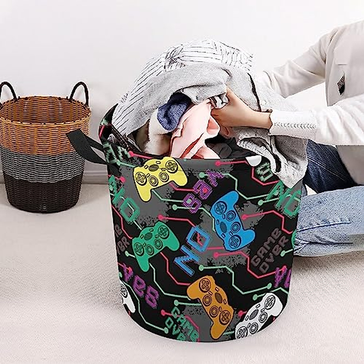 HoaMoya Collapsible Colorful Joysticks Gamepad Laundry Basket Cool Gamer Slogan Freestanding Laundry Hamper With Handles Large Waterproof Cloth Toy Storage Bin for Household Bedroom Bathroom