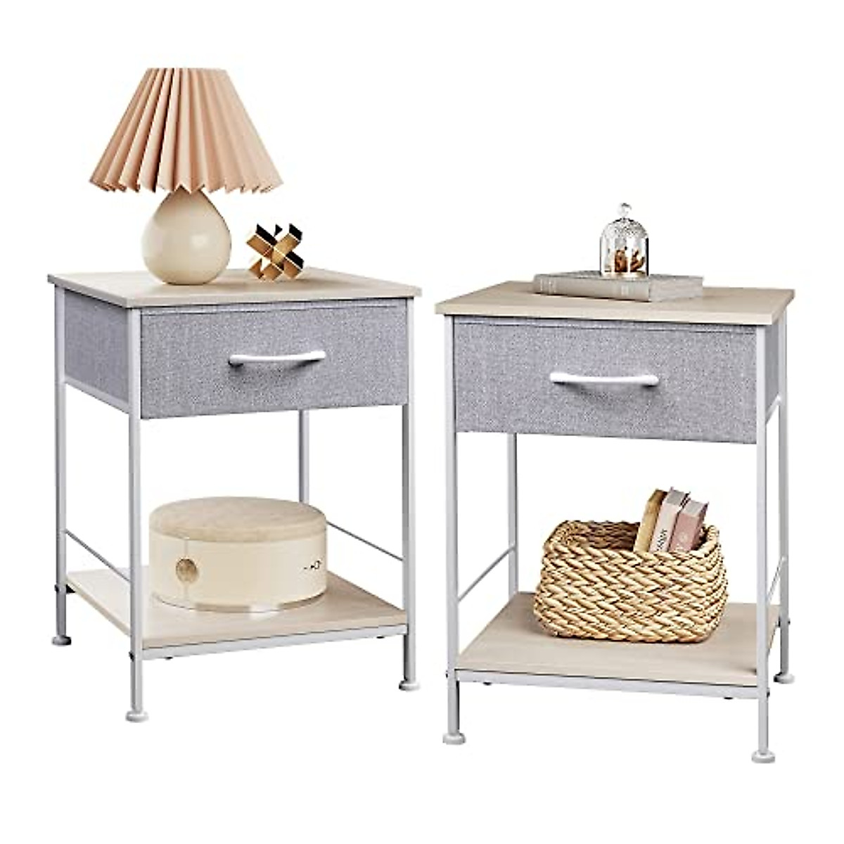 WLIVE 1-Drawer Nightstand and 5-Drawer Dresser Set, Fabric Storage Tower for Bedroom, Hallway, Nursery, Closets, Tall Chest Organizer Unit with Textured Print Fabric Bins, Steel Frame