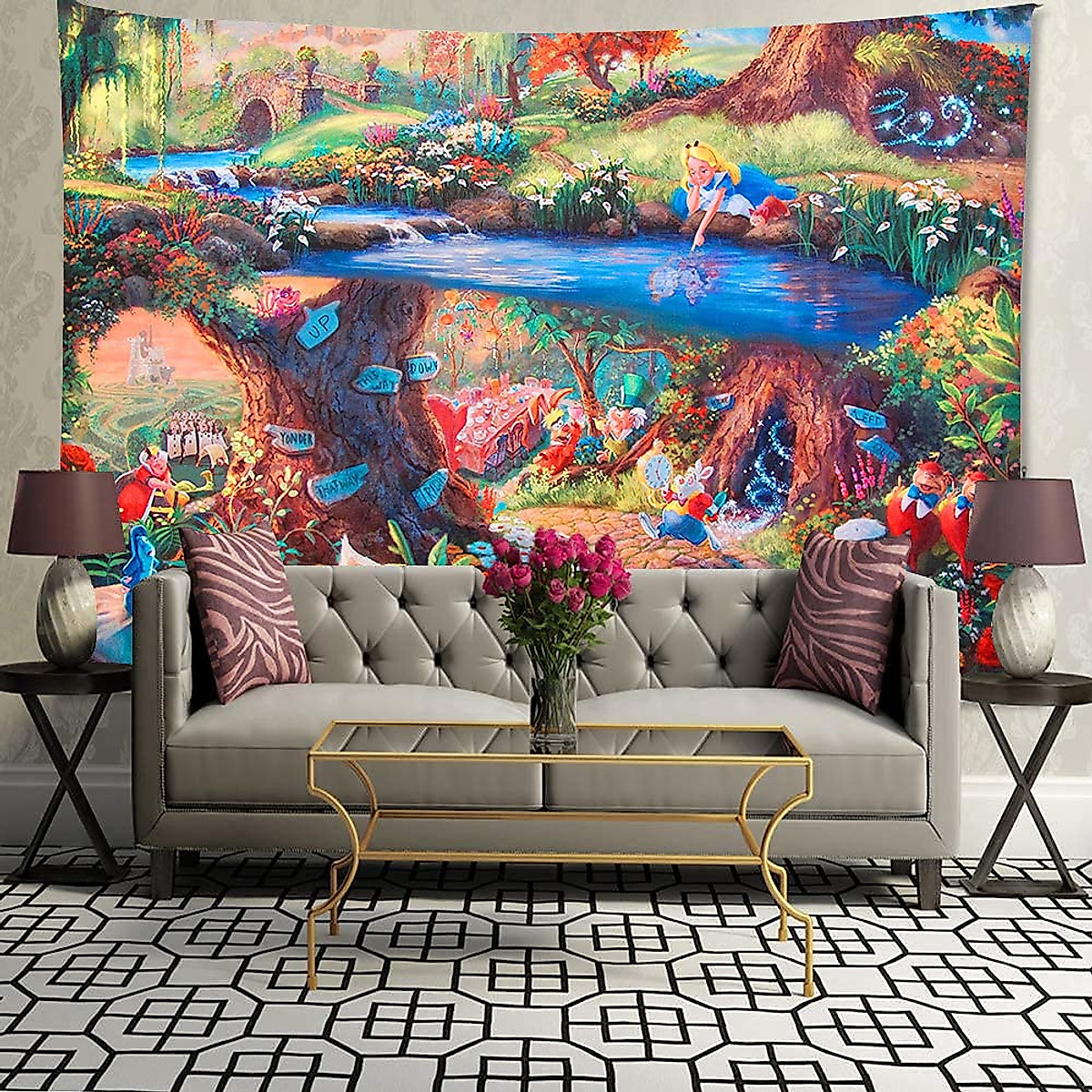 DBLLF Fairytale Forest Tapestry Wonderland Tapestry 100x90 Giant Tapestry Rabbit Motion Cups Hearts and Flower Character Cartoon Style Wide Wall Hanging for Home Decor GTLSDB72
