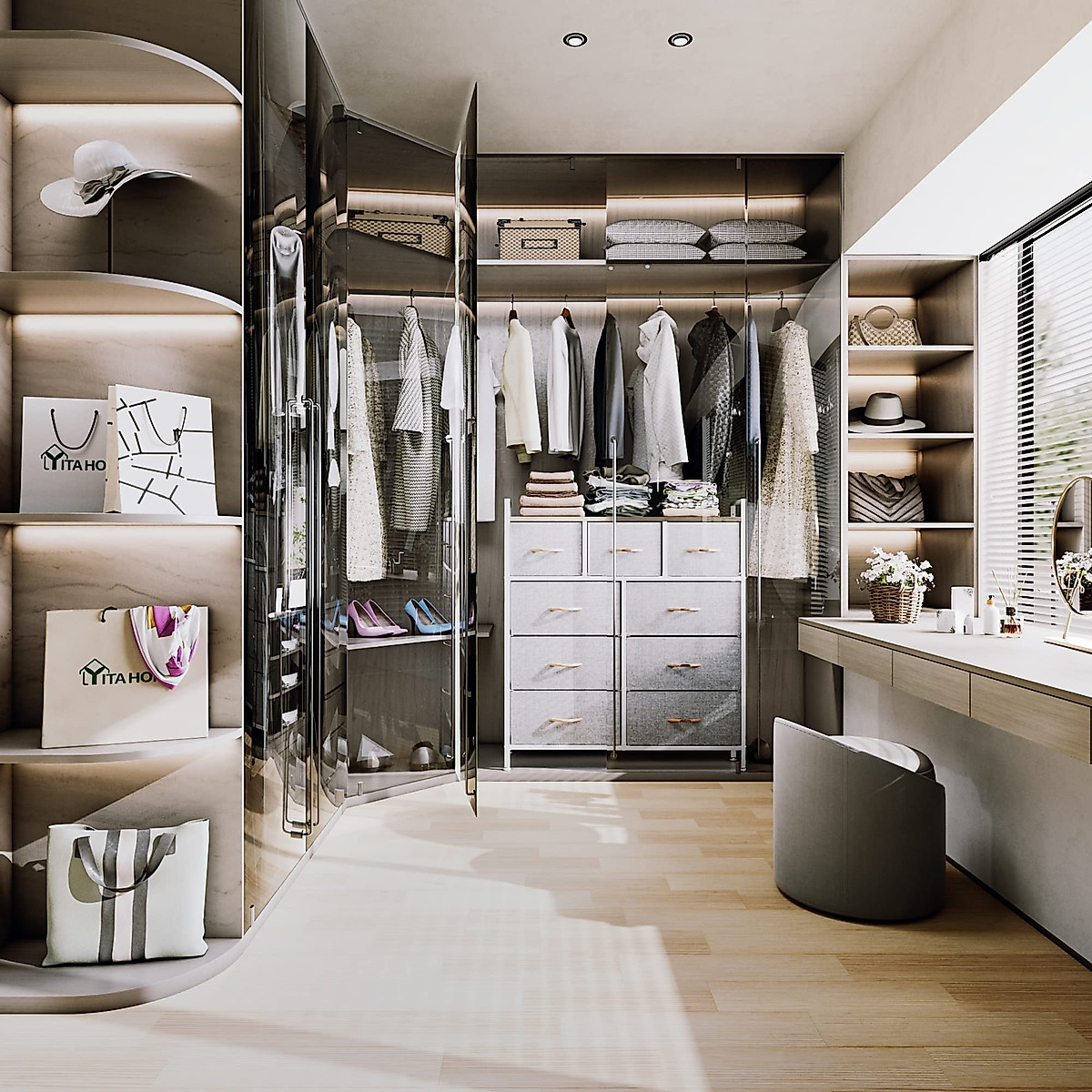 YITAHOME 9-Drawer Fabric Dresser, Furniture Storage Tower Cabinet, Organizer for Bedroom, Living Room, Hallway, Closet & Nursery, Sturdy Steel Frame, Wooden Top, Easy-to-Pull Fabric Bins(Light Grey)