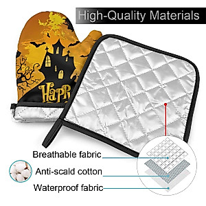 Halloween Funny Oven Mitts and Pot Holders Sets Heat Resistant Oven Gloves with Non-Slip Surface for Reusable for Baking BBQ Cooking
