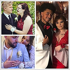 FAYBOX Velvet Open Rose Silvery Bling Ribbon Rhinestone Stretch Bracelet Wedding Prom Wrist Corsage Hand Flower Pack of 4 Red