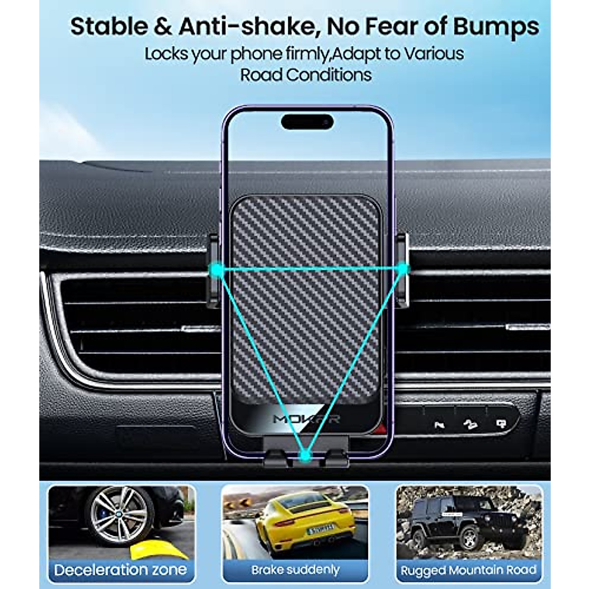 Wireless Car Charger, MOKPR 15W Fast Charging Auto-Clamping Car Mount Universal Hands-Free Car Charger Mount for Dash Windshield Air Vent Compatible with iPhone 15/14/13/12, Samsung S23/S22/S21 Black