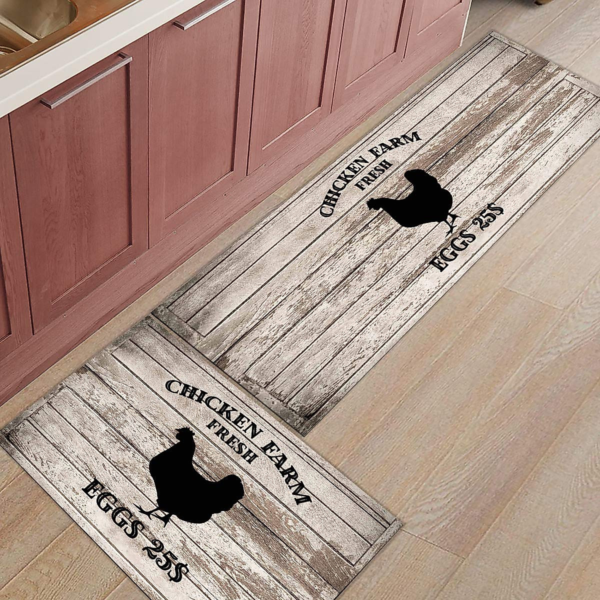 EZON-CH Kitchen Rugs and Mats Set 2 Pcs Chicken Farm Fresh Eggs Kitchen Floor Mat Runner Carpets for Kitchen, Bathroom, Sink, Laundry or Office (15.7x23.6in+15.7x47.2in)