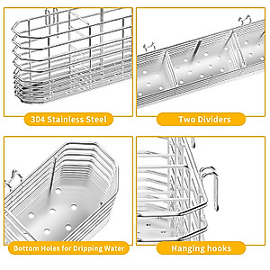 Utensil Holder for Sink , Sus304 Stainless Steel Rust Free Silverware Cutlery Flatware Holder Rack Organizer with Hooks for Dish Drying Rack Sink Dish Drainer in Kitchen Bathroom