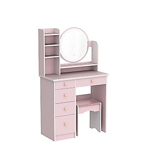 ECACAD Vanity Desk Set with LED Lighted Round Mirror, Makeup Dressing Table with 5 Drawers, Storage Shelves & Cushioned Stool for Bedroom, Pink