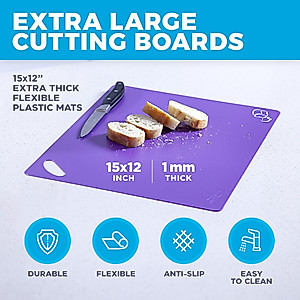 Extra Thick Flexible Plastic Cutting Board Mats with Holes for Hanging and Food Icons & EZ-Grip Waffle Back, (Set of 6) Dishwasher Safe
