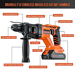 Cordless Rotary Hammer Drill, Bravolu Brushless 21V 1 Inch SDS Plus Hammer Drill with 2 x 1.5Ah Battery and 1/2" Drill Chuck, 2 Modes and Variable-Speed, 360° Adjustable Handle